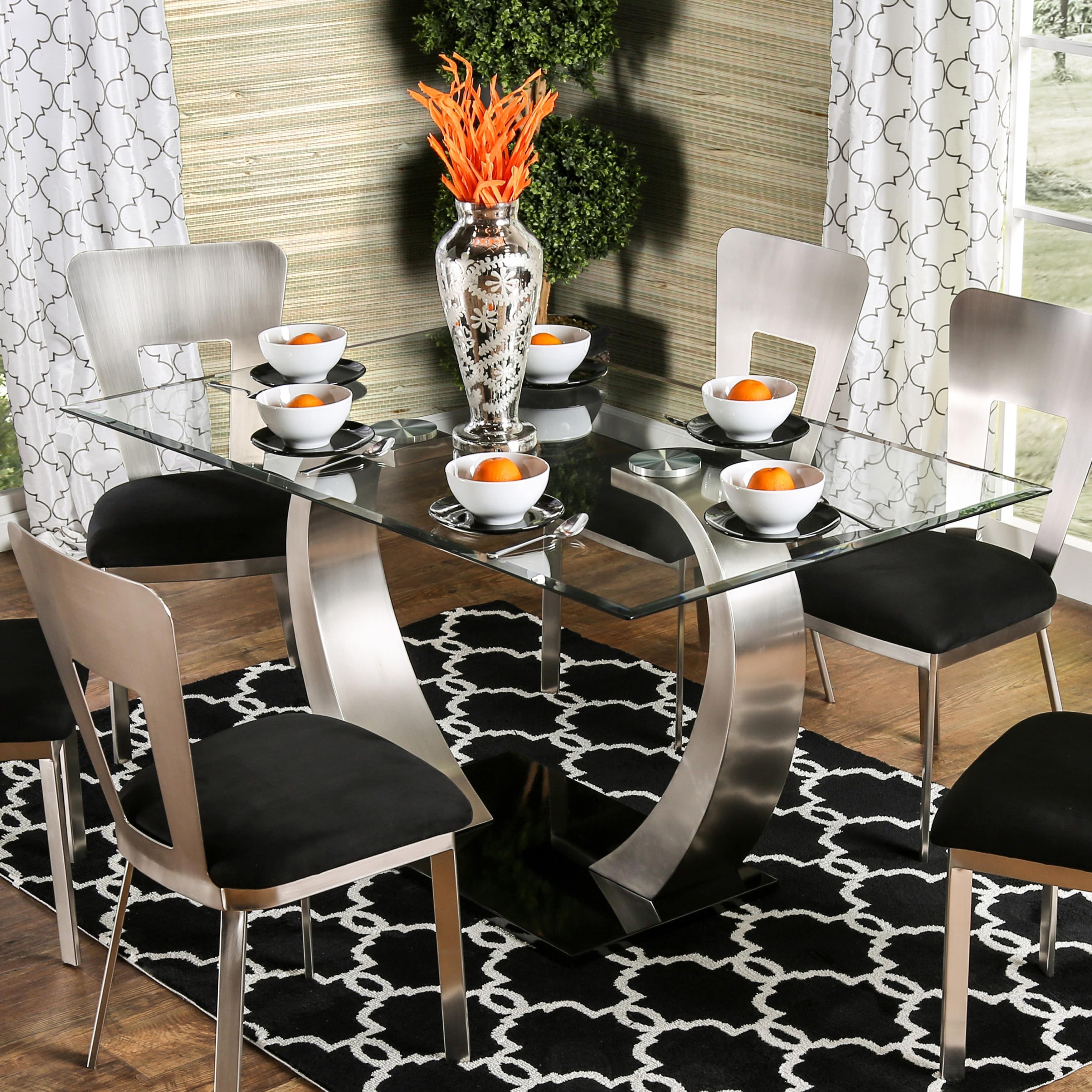 Furniture of America Nova Dining Table with Glass Top and Pedestal Bas